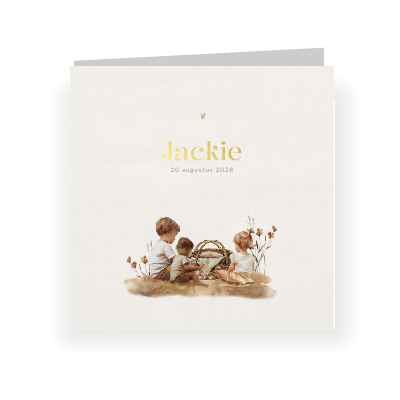 Vierde kindje geboortekaartje unisex met mand en veldbloemen