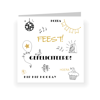 Verjaardagskaart met feestelijke en muzikale tekeningen